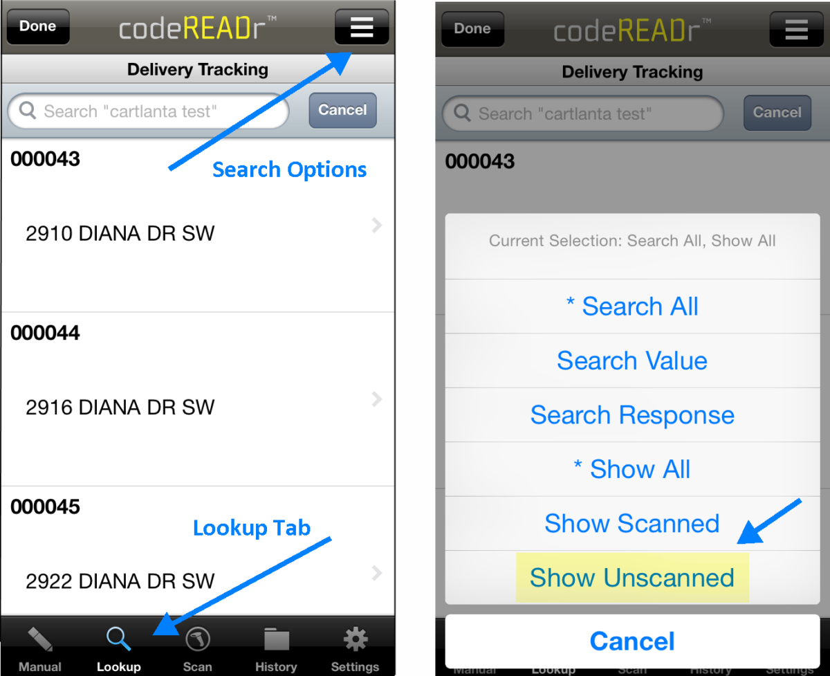 Show Scanned and Unscanned Data - CodeREADr